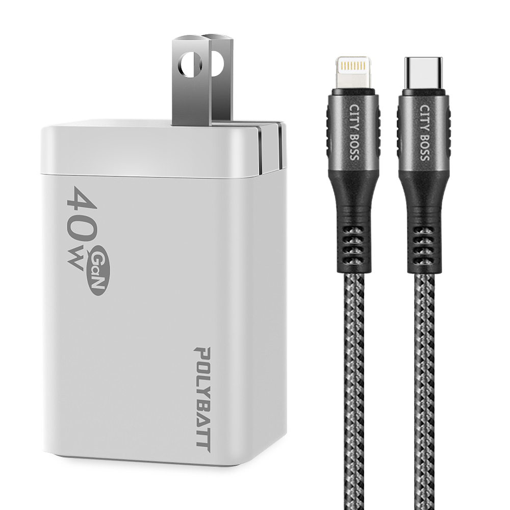 POLYBATT 40W氮化鎵Gan雙Type-C極速充電器-白+CITY勇固45W Type-C to Lightning PD編織快充線2米-銀 | 神腦生活